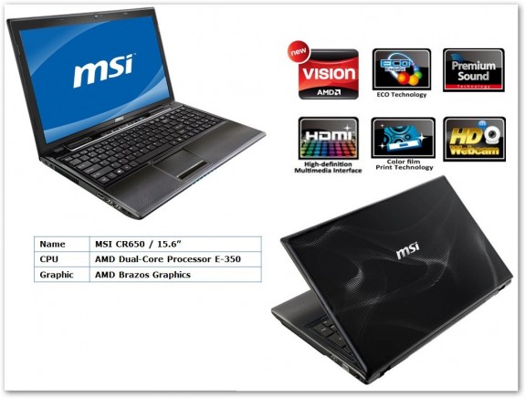 MSI CR 650 - notebook z AMD Fusion.